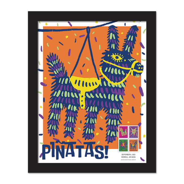 Piñatas! Framed Stamps, Donkey with Orange Background | USPS.com