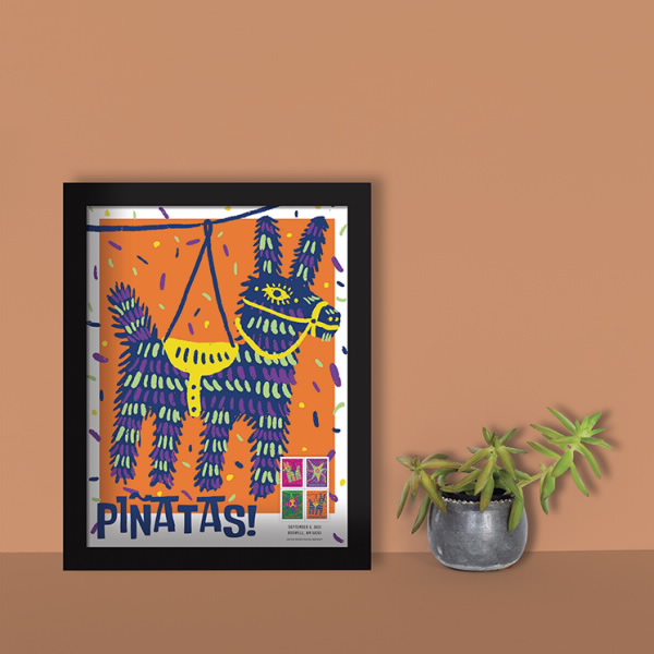 Piñatas! Framed Stamps, Donkey with Orange Background | USPS.com